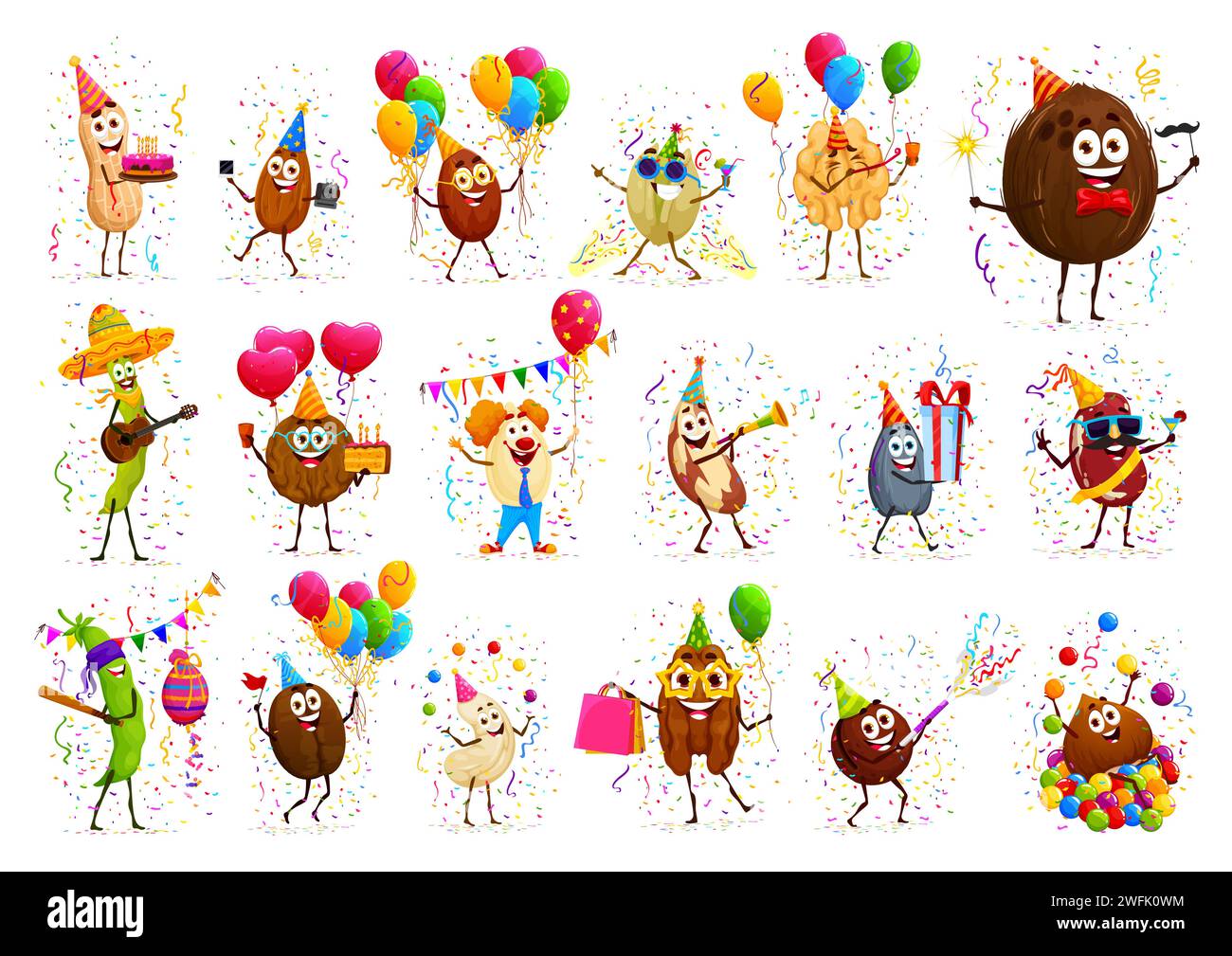 Cartoon nut characters on holiday and birthday party. Cute protein food ...