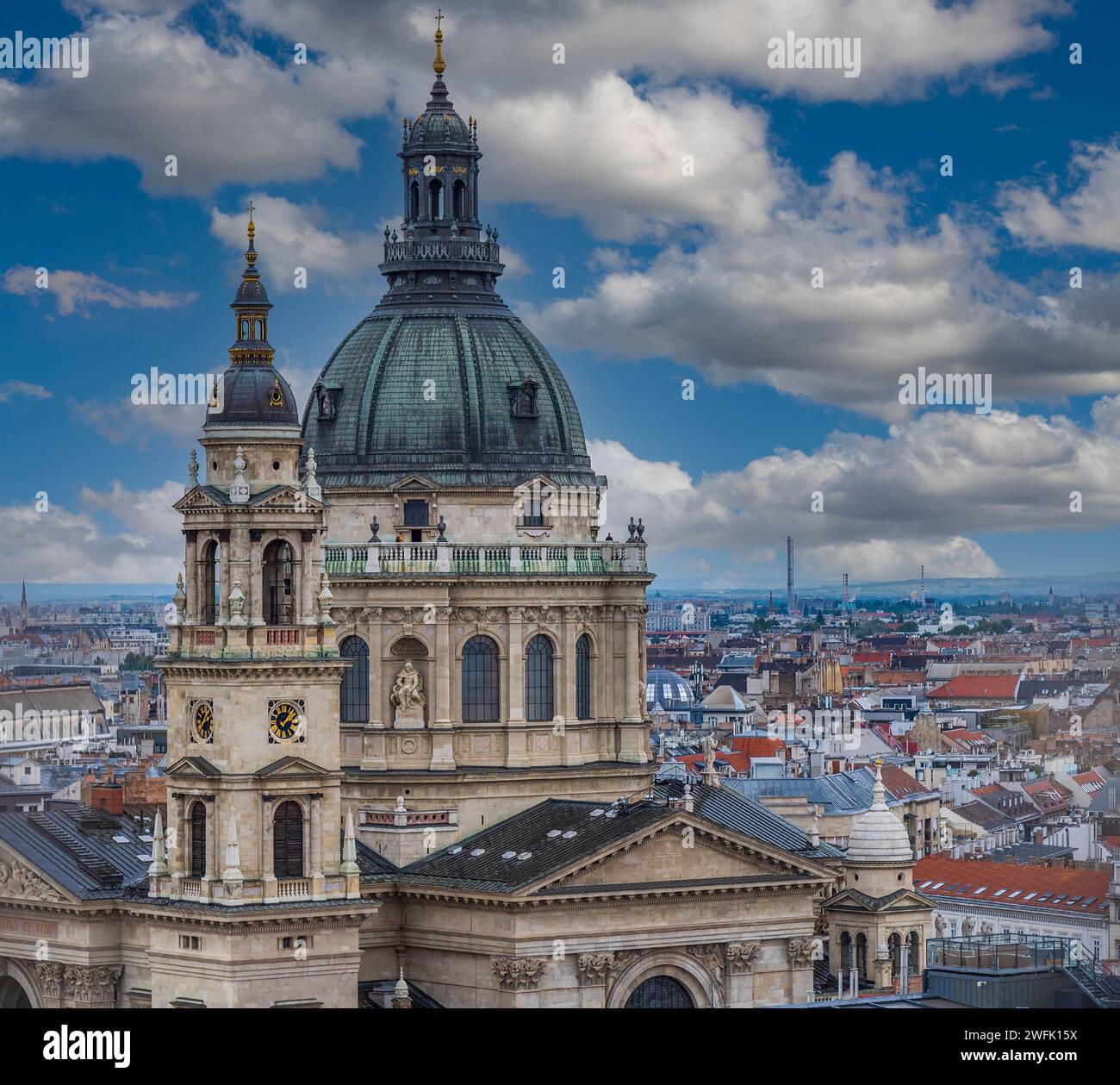 Aerial view of Budapest, Hungary, with the towers and dome of St ...