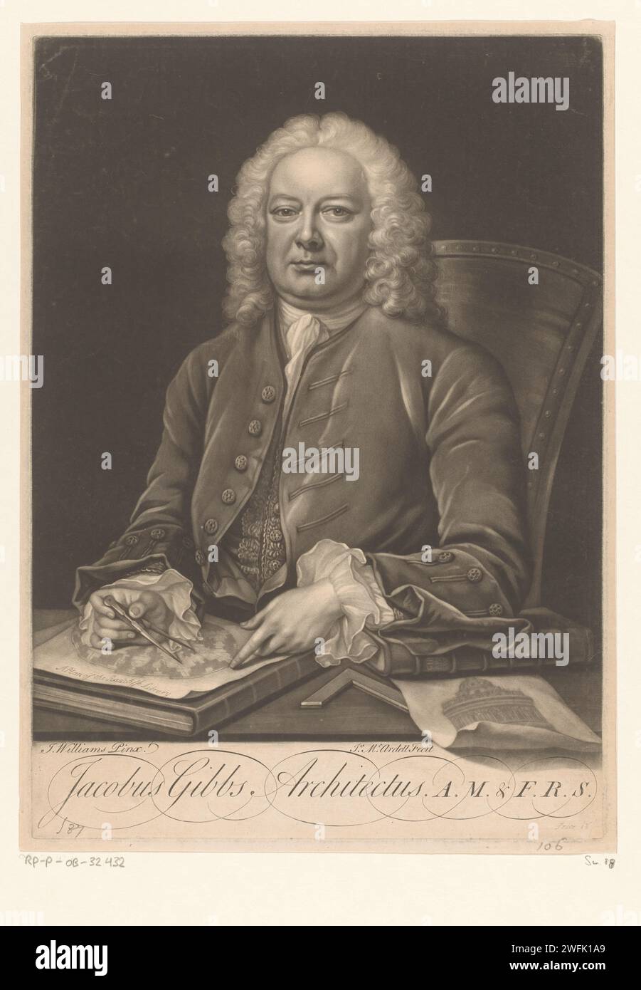 Portret van James Gibbs, James McArdell, after John Michael Williams, c ...