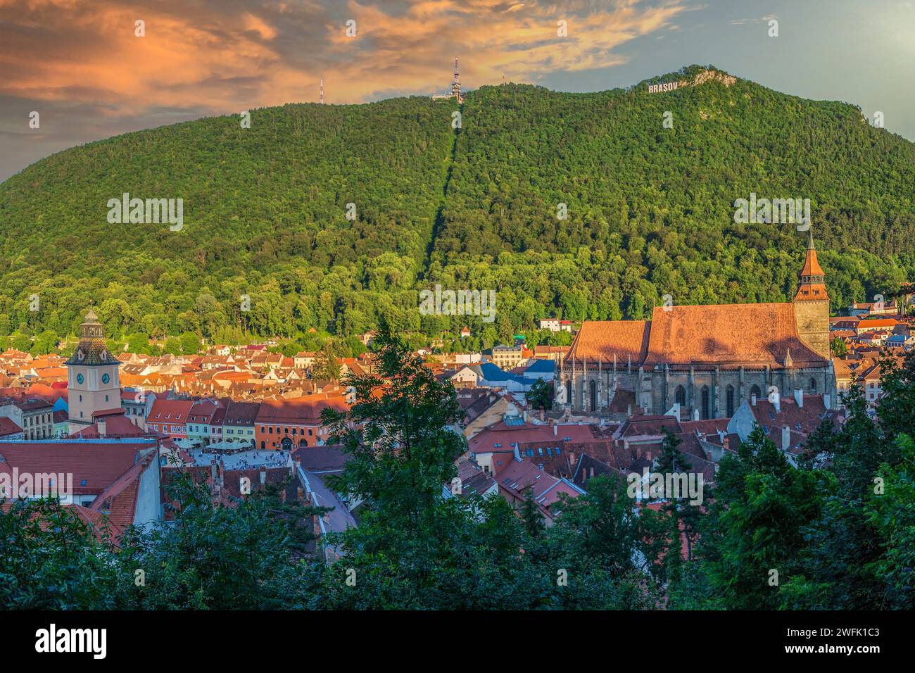 Aerial view with the historical center of Brasov, Romania. Documentary ...
