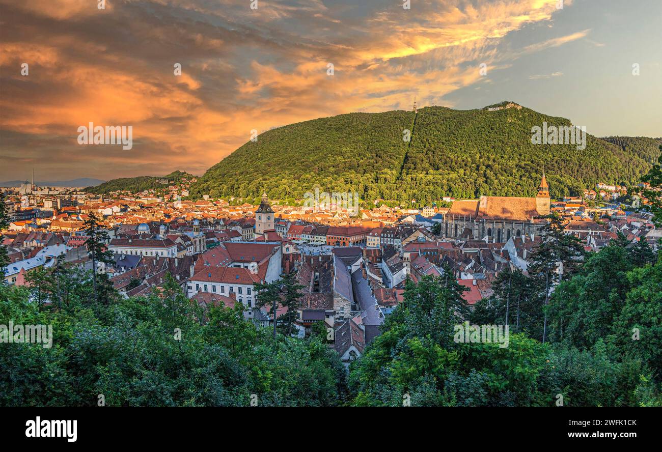 Aerial view with the historical center of Brasov, Romania. Documentary ...
