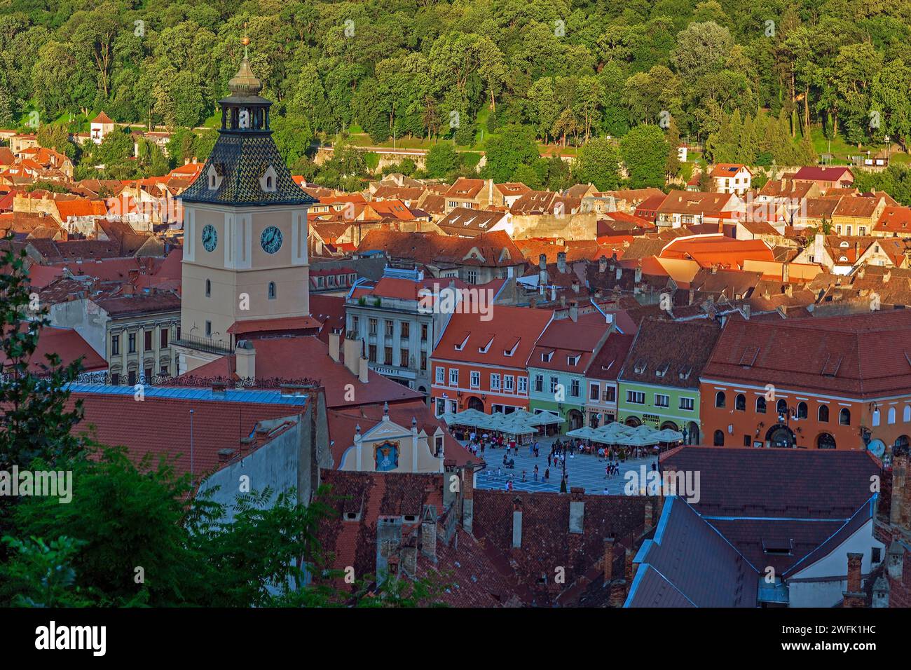 Aerial view with the historical center of Brasov, Romania. Documentary ...