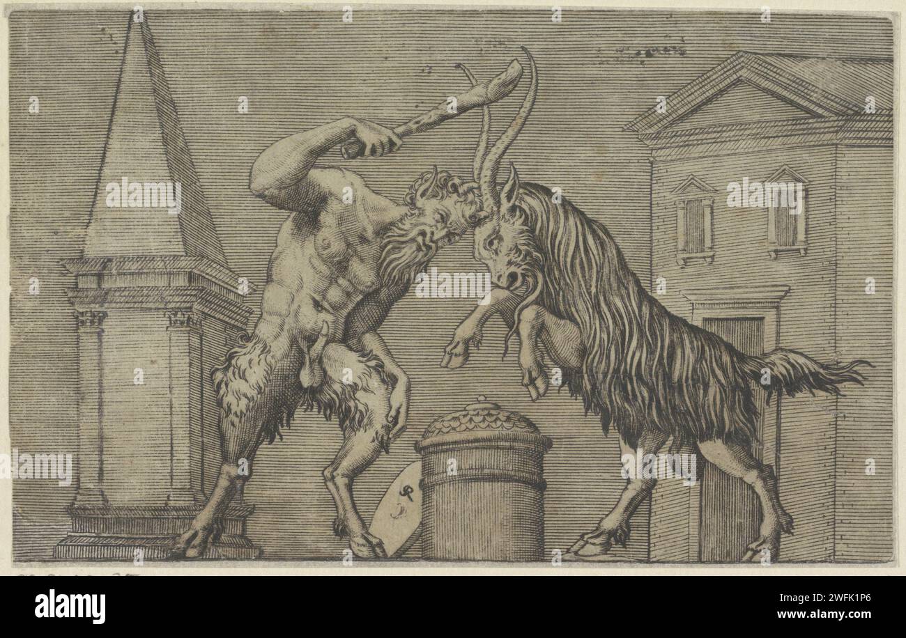 Sater and Ram in Fight, Marco Dente, 1498 - 1532 print A sater and a ...