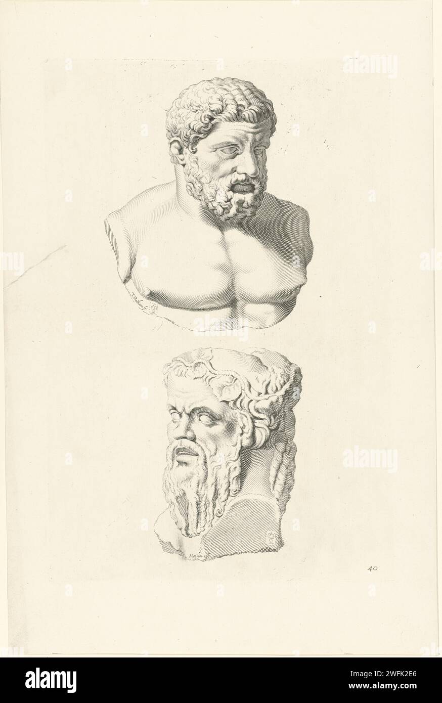 Bustes of Hercules and a Sater, Theodor Matham, 1640 print Two busts ...
