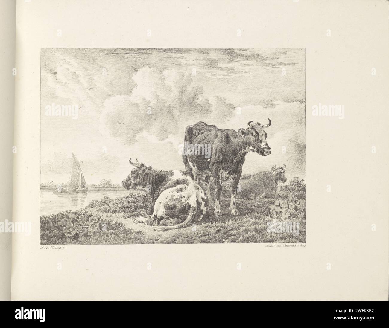 Landscape with three cows and a sailboat, Leendert de Koningh, 1826 ...