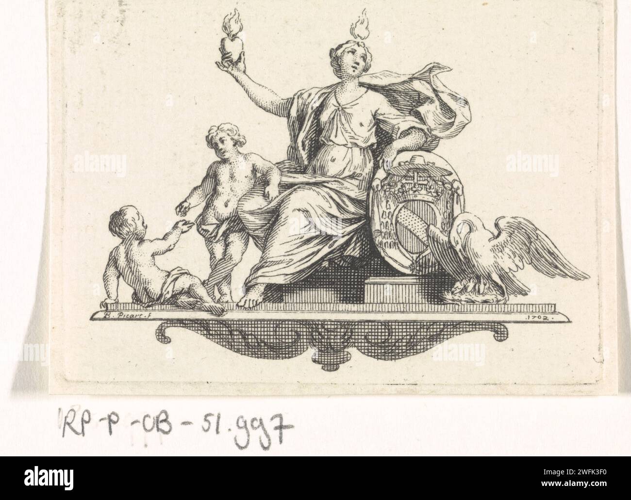 Love with the coat of arms of the Archbishop of Paris, Bernard Picart, 1702 print The ...