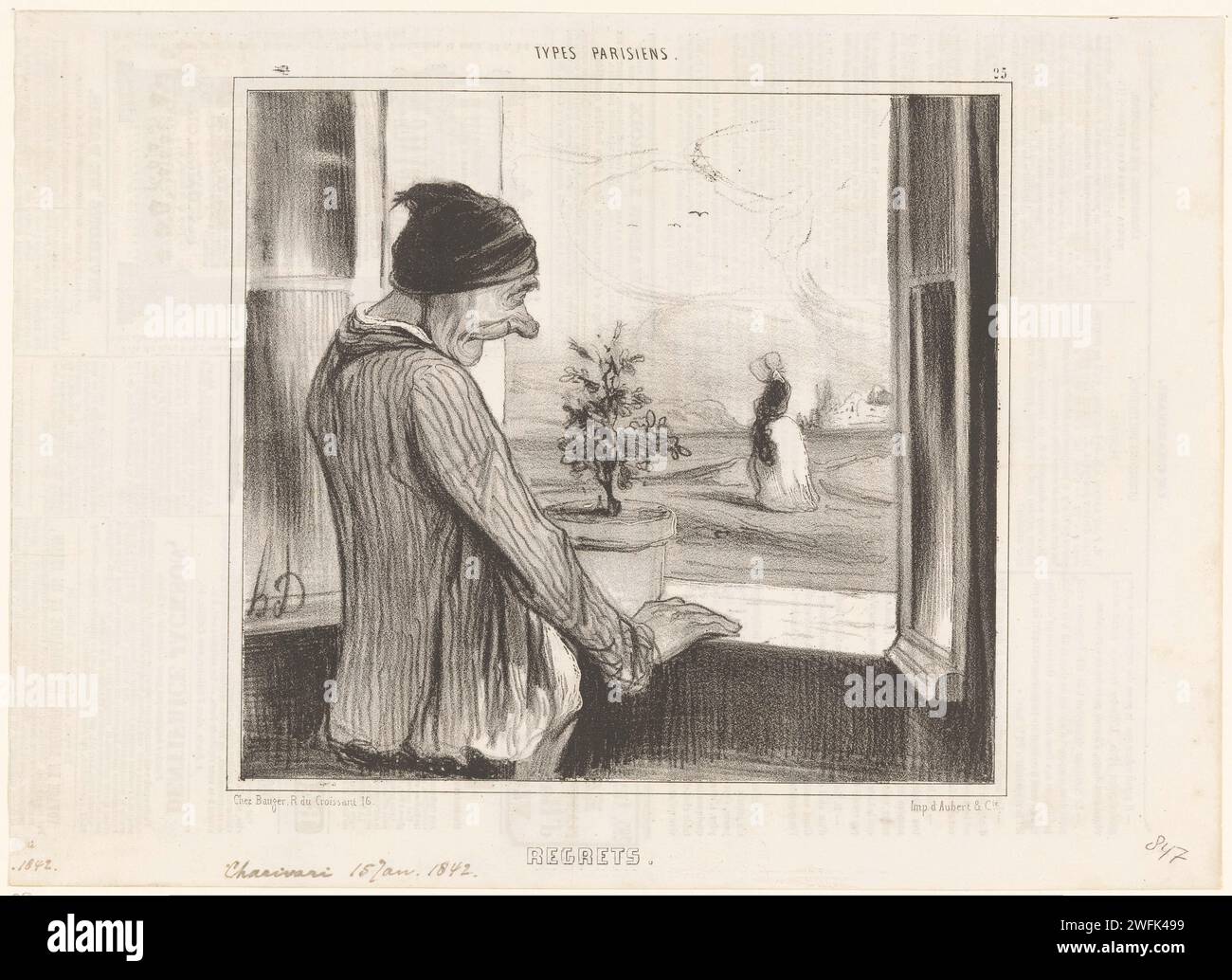 Old man sees woman through open window, Honoré Daumier, 1842 Paris ...