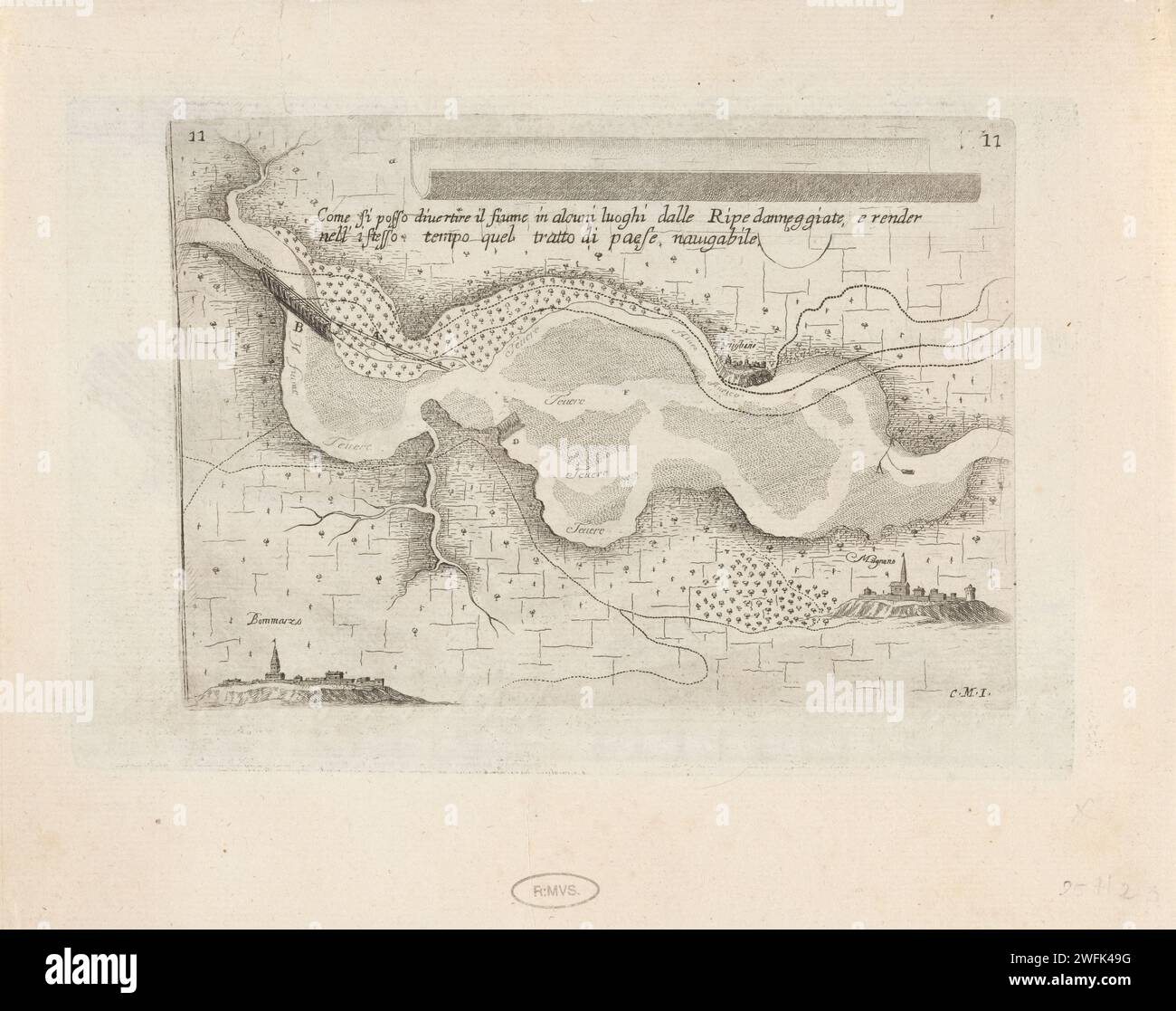 Map with the Tiber, 1696 print Map of the area where the Tiber River ...