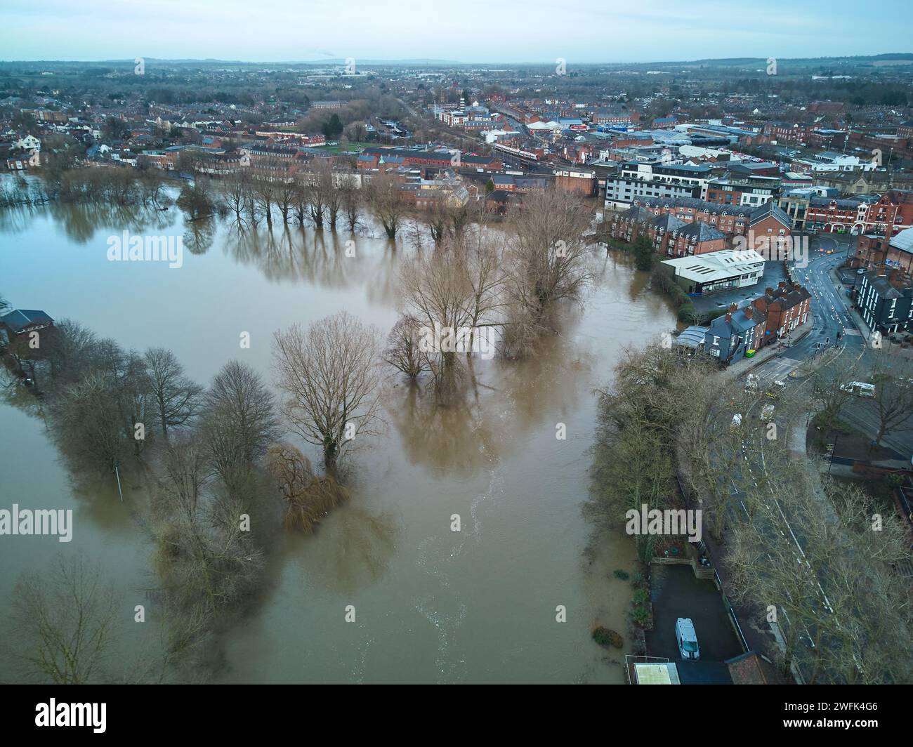 aerial view of the floods on the River Severn in Shrewsbury, UK, after ...