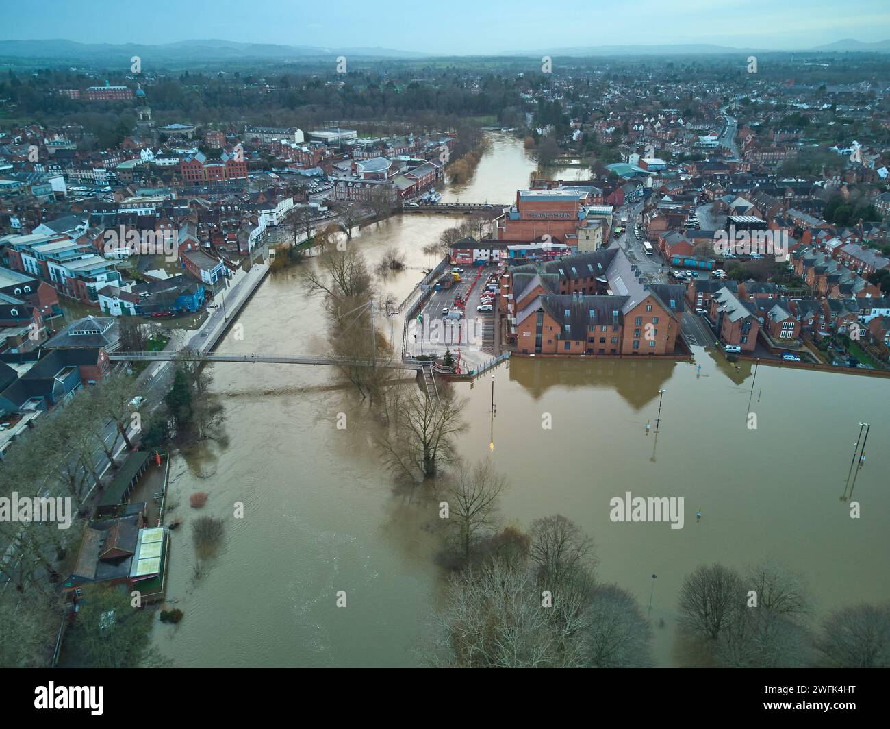 aerial view of the floods on the River Severn in Shrewsbury, UK, after ...