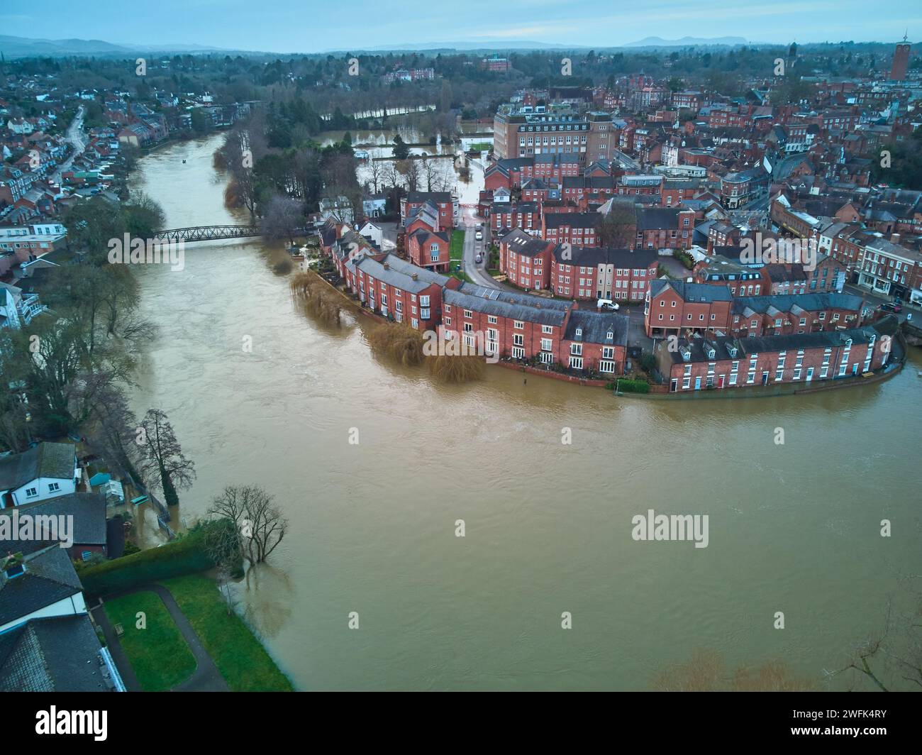 aerial view of the floods on the River Severn in Shrewsbury, UK, after ...