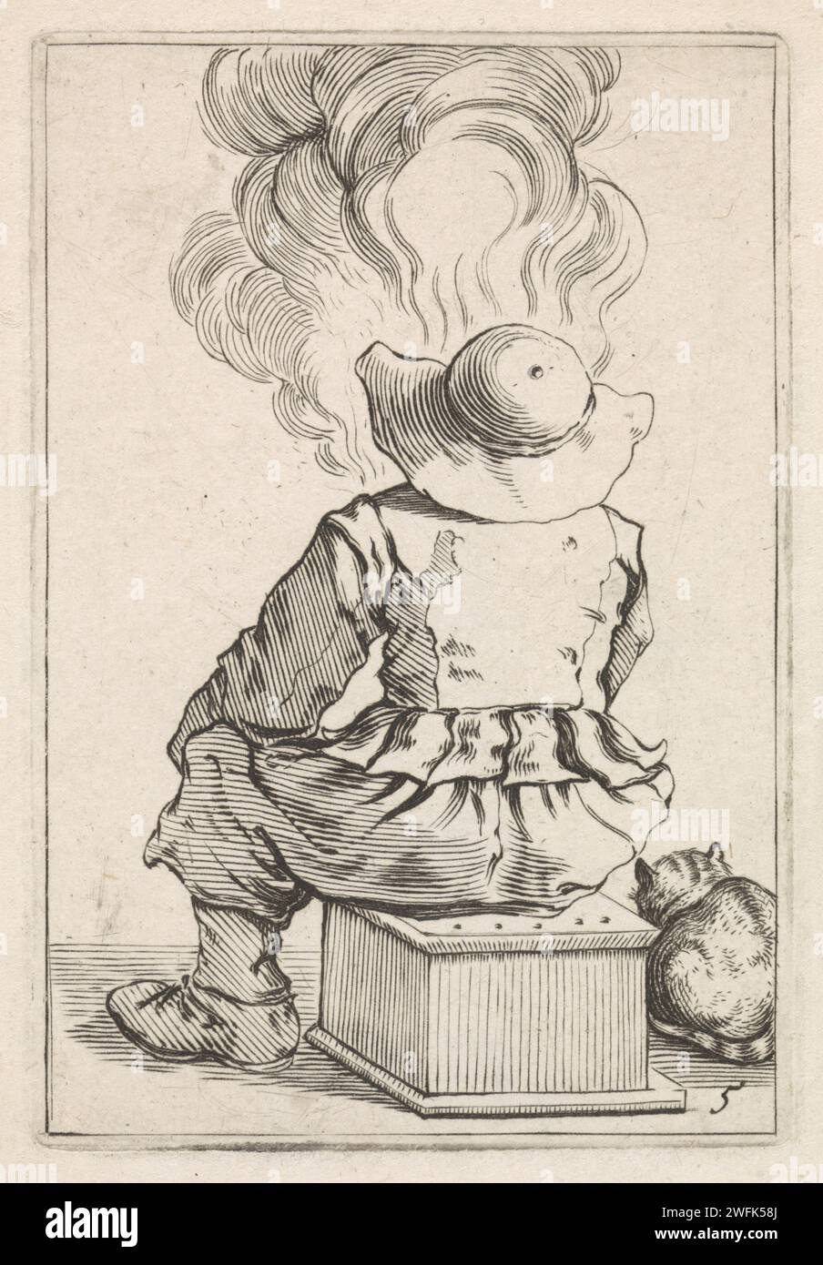 Seating smoking man and cat, seen from behind, Cornelis Saftleven, 1645 ...