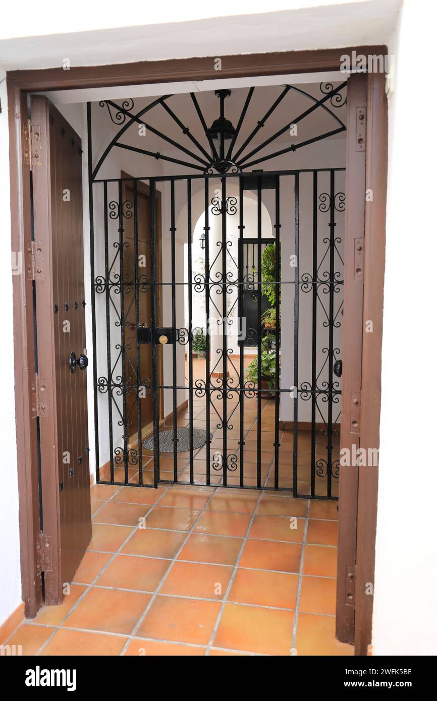 Typical andalusian house entrance with potted plants in Rota city ...