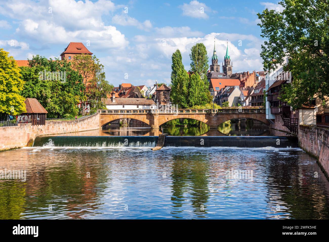 General view of the Maxbrücke (Max bridge) on the Pegnitz river in ...
