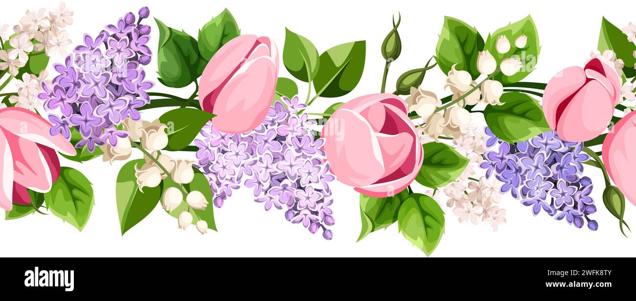 Horizontal seamless border with pink tulip flowers, purple lilac ...