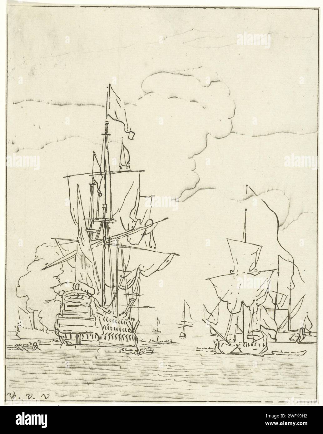 War ship Losing a shot, Cornelis Ploos van Amstel, After Willem van de ...