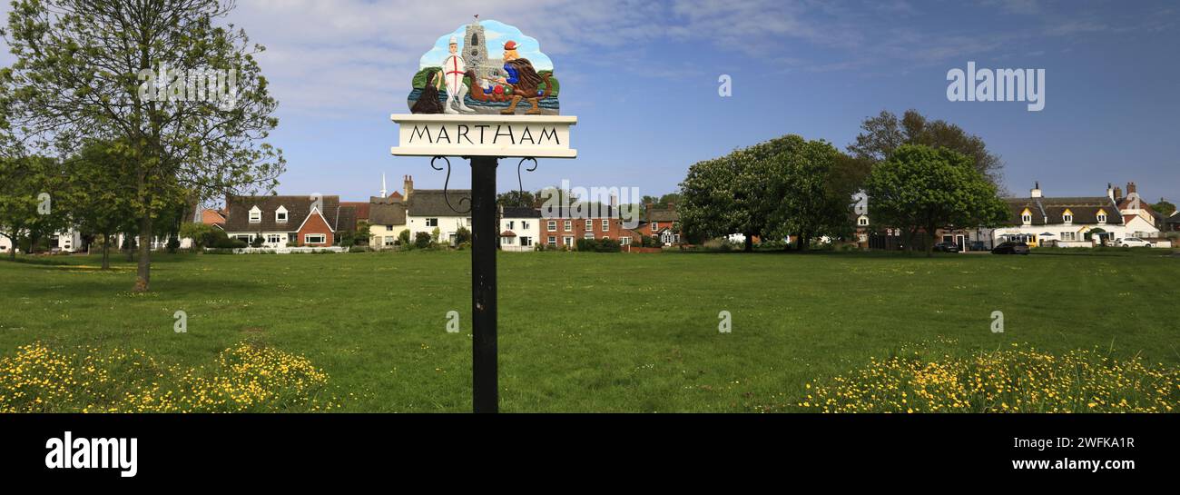 Summer view over Martham village sign, Norfolk Broads National Park ...