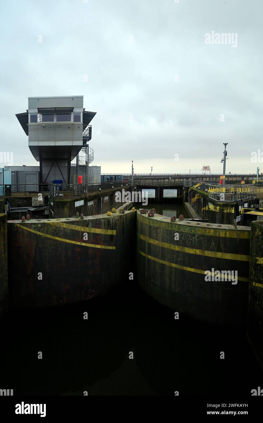 Cardiff Harbour building and closed lock gates into Cardiff Bay. Taken ...