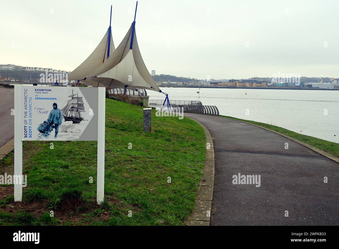 The Captain Scott open air Exhibition, on Cardiff Bay Barrage with sign ...