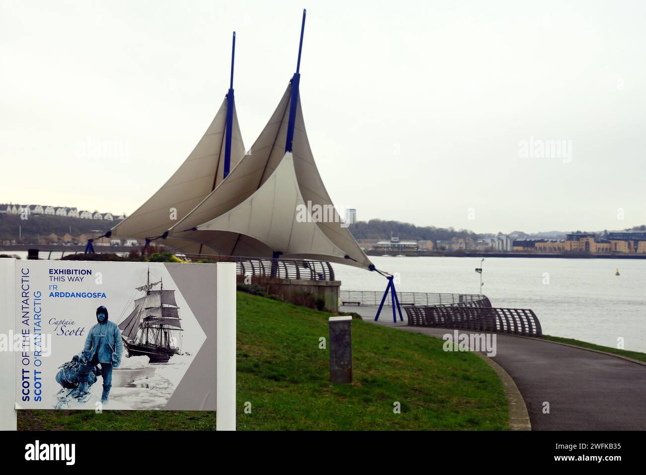The Captain Scott open air Exhibition, on Cardiff Bay Barrage with sign ...