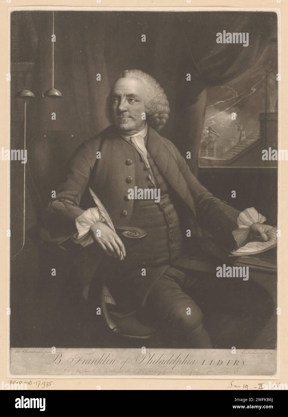 Portret van Benjamin Franklin, Edward Fisher, after Mason Chamberlin ...