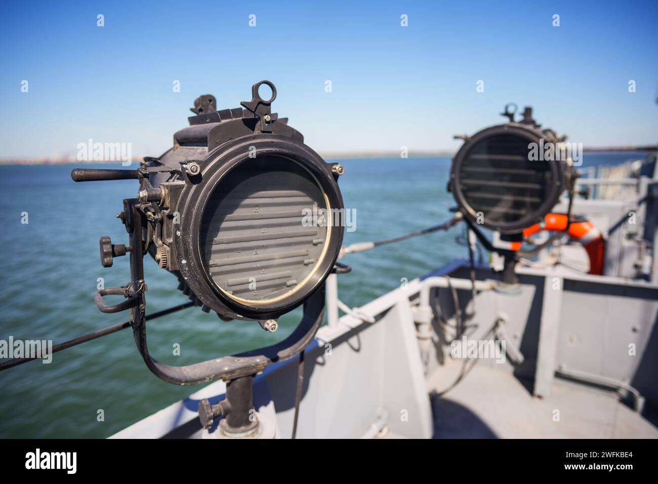 Close up shot of a military ship search light on the deck Stock Photo ...
