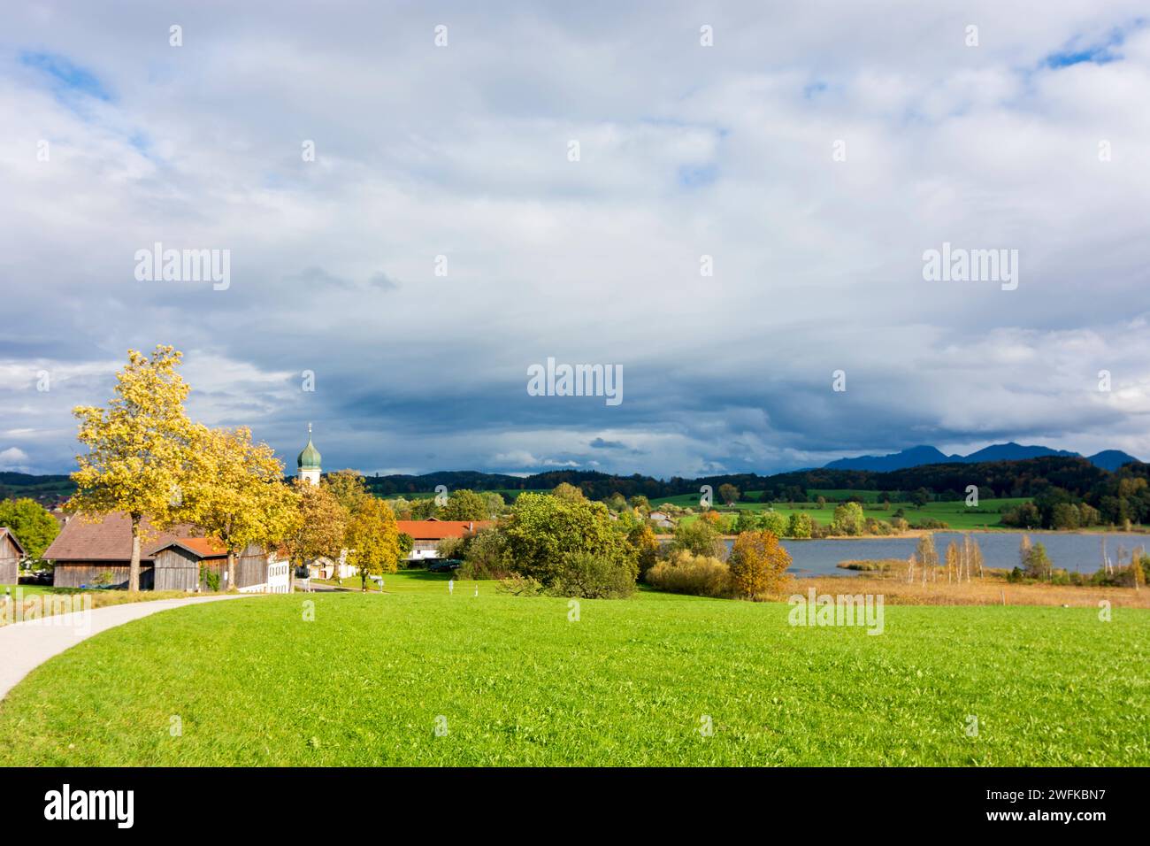 lake Riegsee, village and church Froschhausen Stock Photo - Alamy