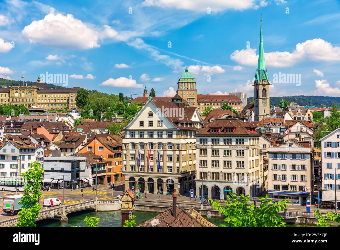 Typical Swiss old architecture with Preacher's Church Tower, Limmat ...