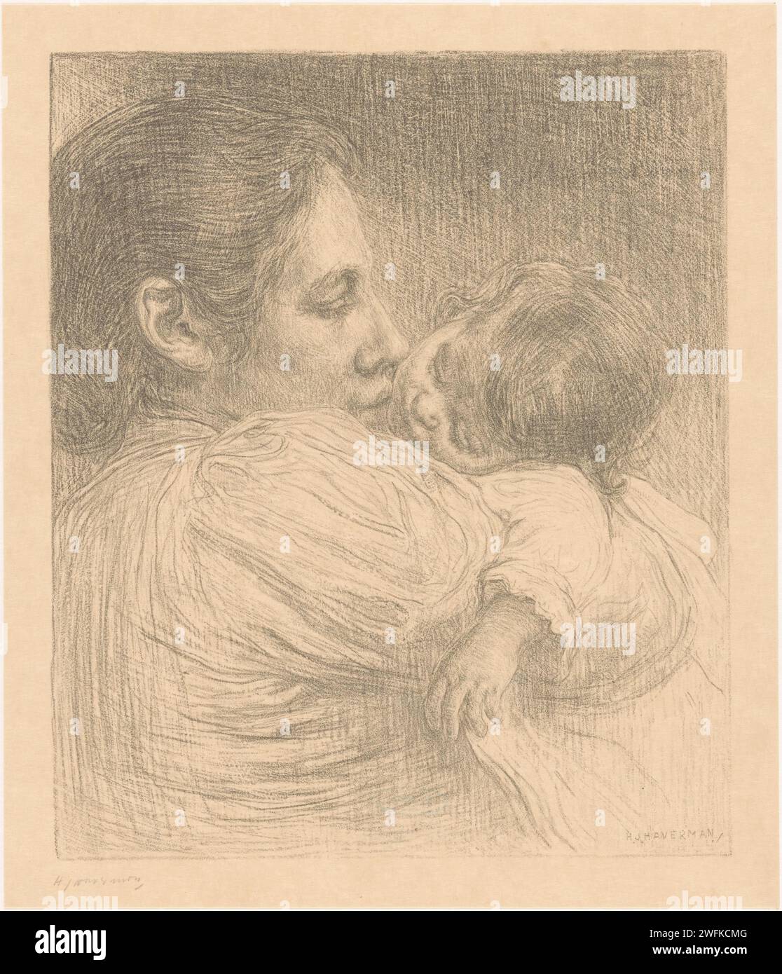 Happiness, Hendrik Johannes Haverman, 1867 - 1928 print A woman with a sleeping child in her ...