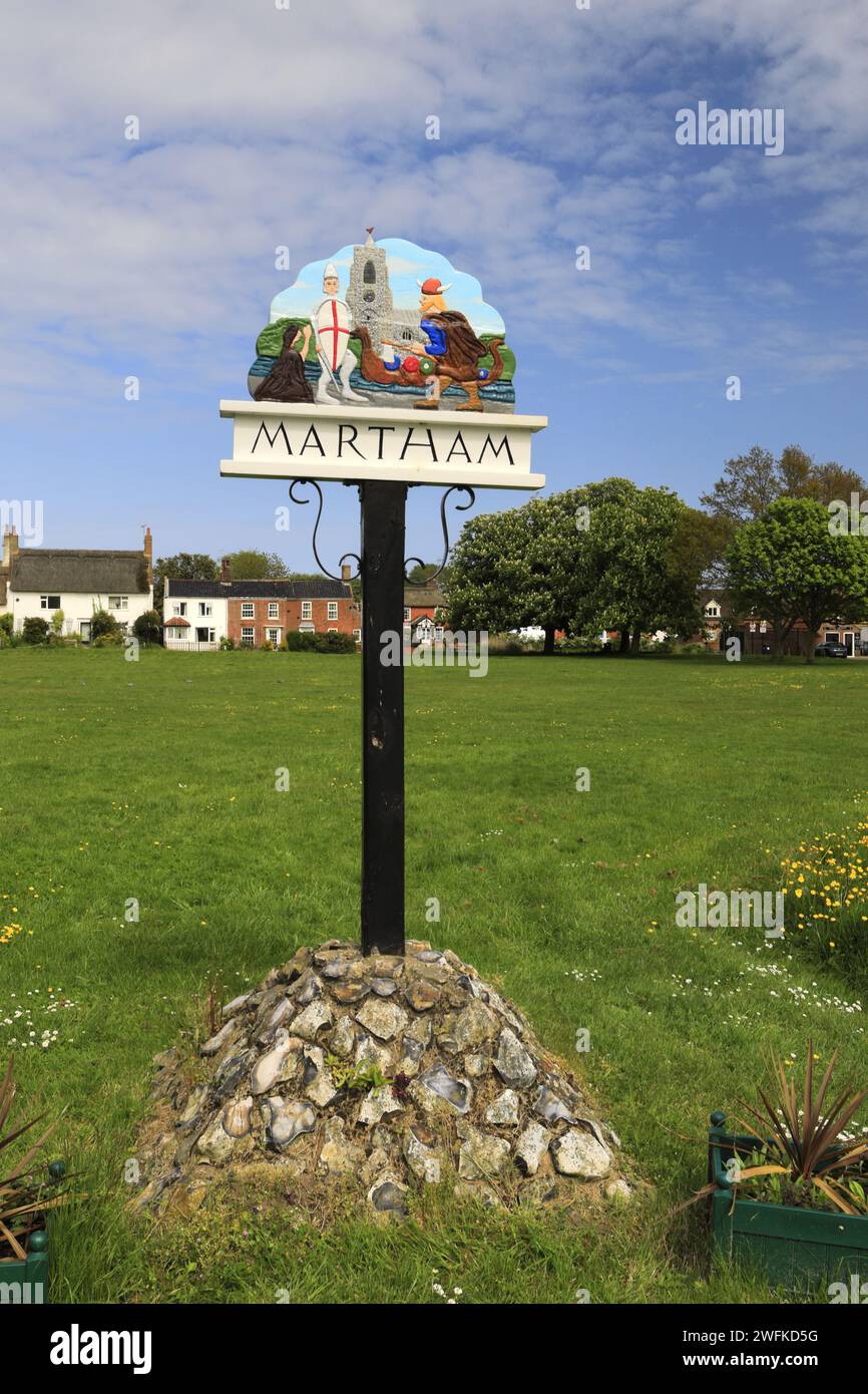 Summer view over Martham village sign, Norfolk Broads National Park ...