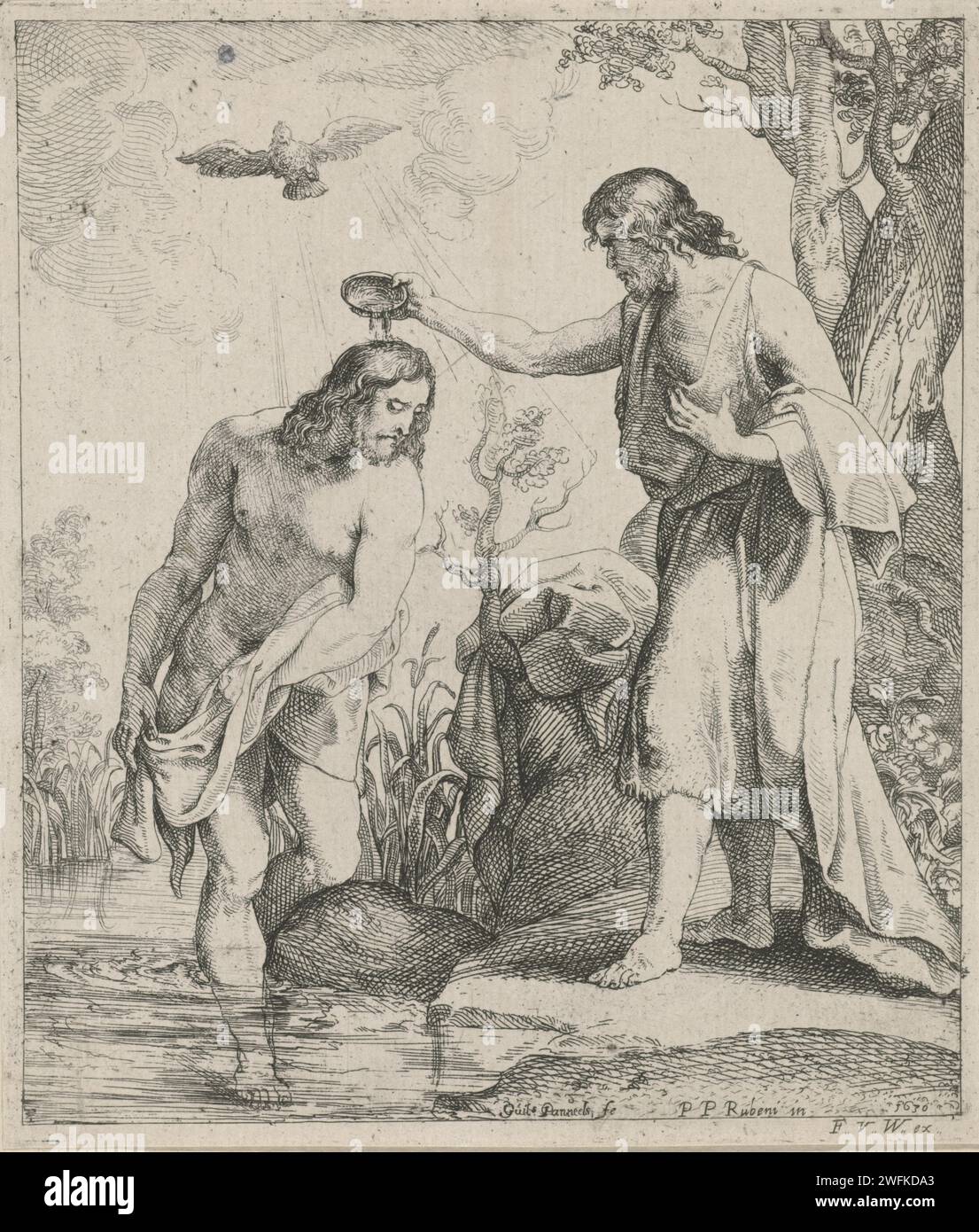 Baptism of Christ, Willem Panneels, After Peter Paul Rubens, 1630 print Christ is baptized by ...