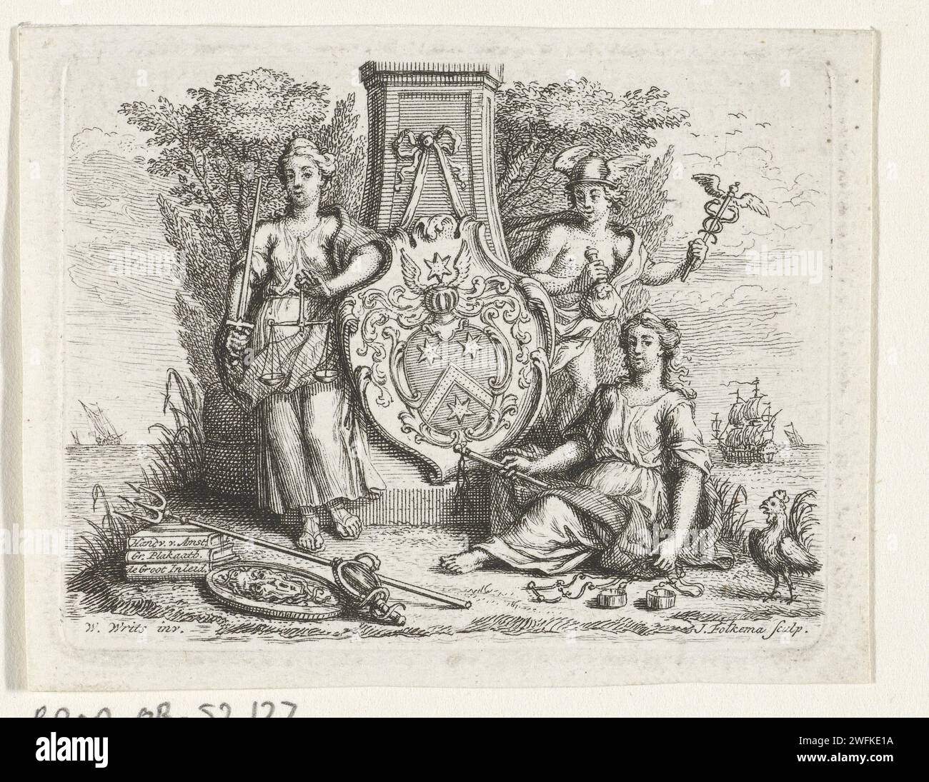 Justice, moderation and Mercury at a memorial column, Jacob Folkema, After Willem Writs, 1741 ...