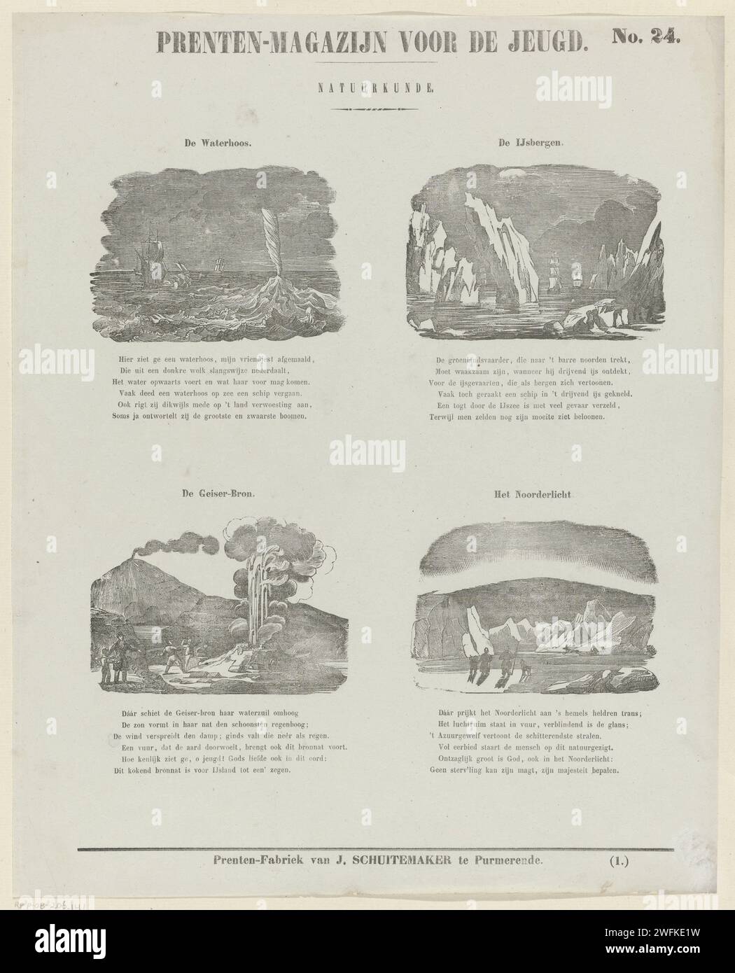 Waterhoos, Icebergen, Geyser and Noorderlicht, 1850 print Leaf with 4 ...