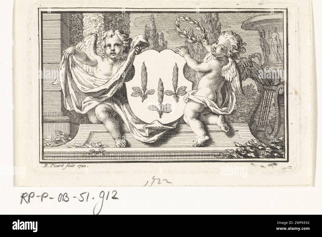 Two putti reveal and laurels a coat of arms, Bernard Picart, 1722 print ...