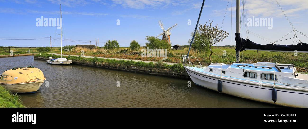 Summer view over Horsey Windpump Broad, Norfolk Broads National Park ...