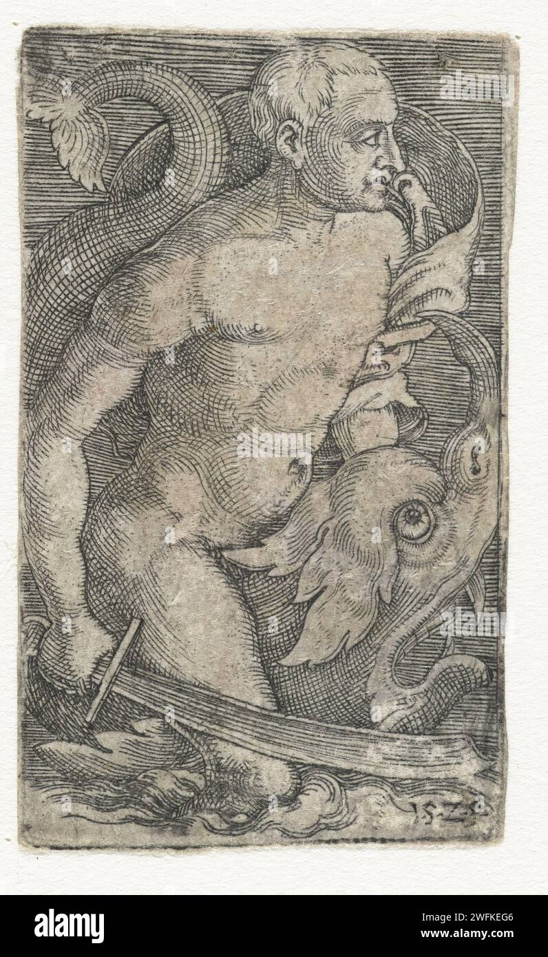 Zeegeod on Dolphin, Barthel Beham, 1525 print paper engraving gods of ...