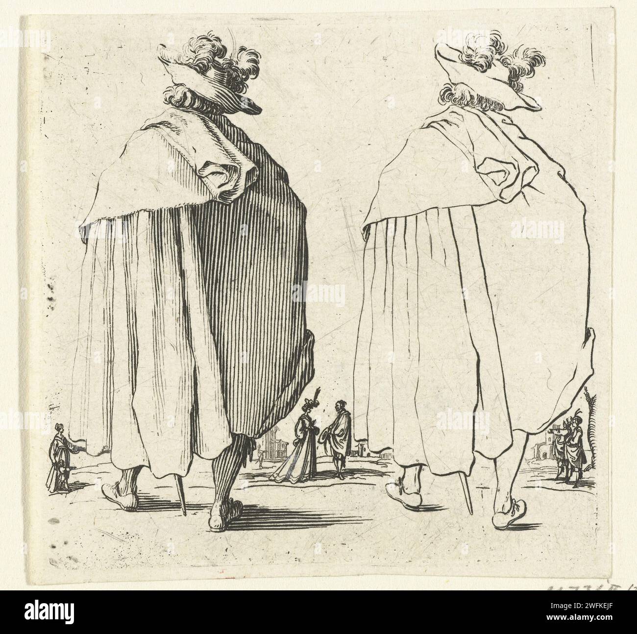 Twice the same soldier with a large plumy hat and cloak, seen on the ...