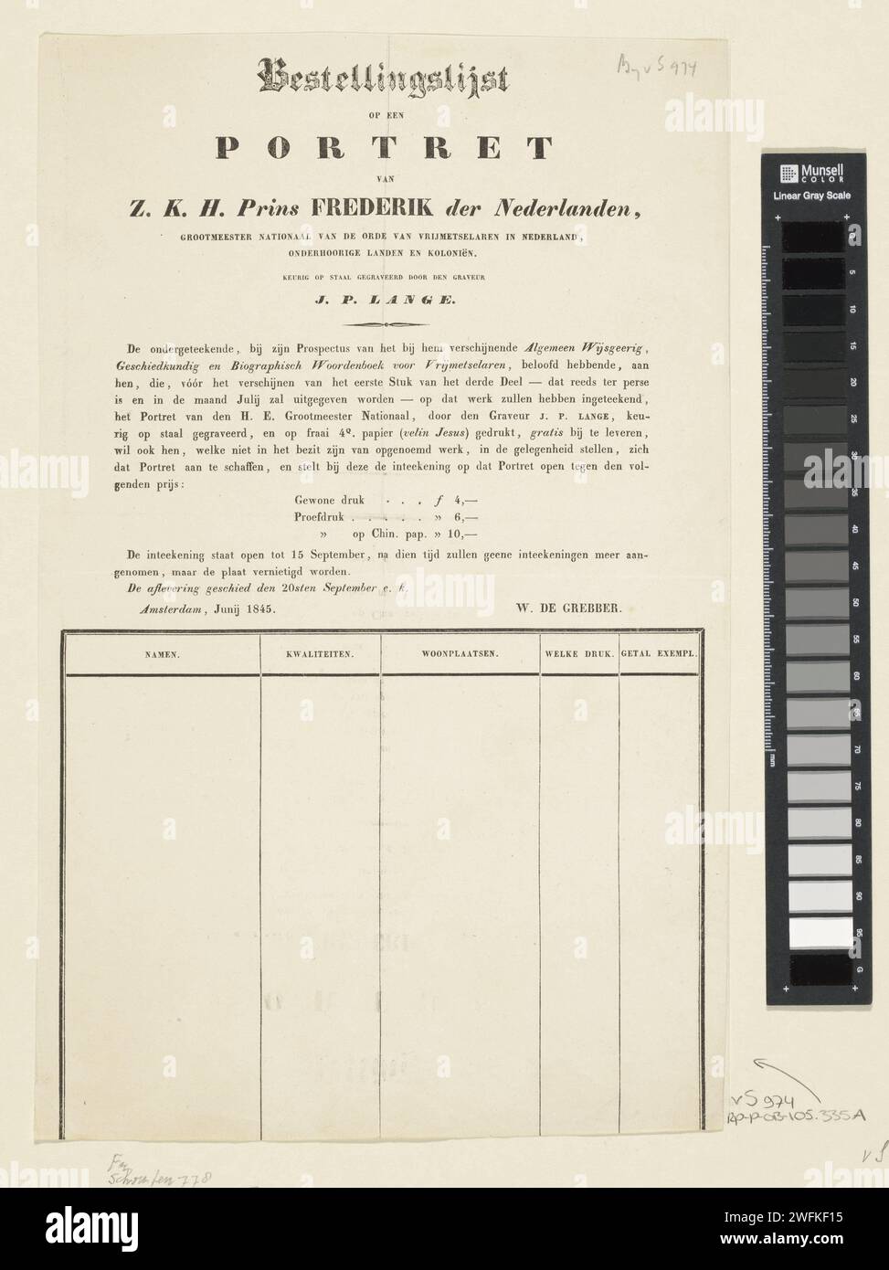 Order list at the portrait of Frederik, Prince of the Netherlands, W ...