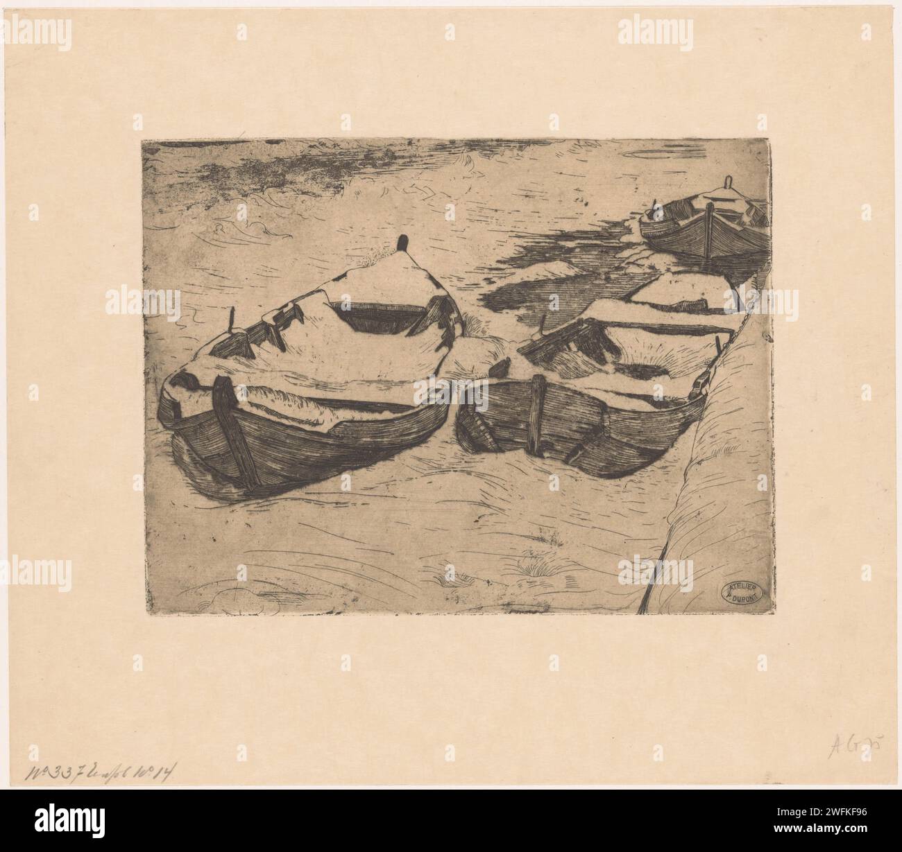 Three snowy rowing boats by a shore, Pieter Dupont, 1893 - 1894 print ...