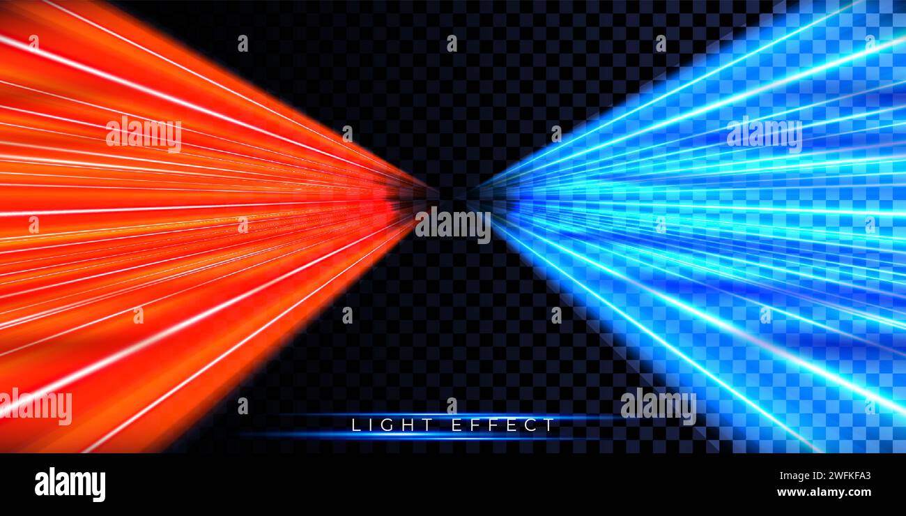 Red and blue glowing speed lines effect. Dynamic fast light trails on transparent background ...