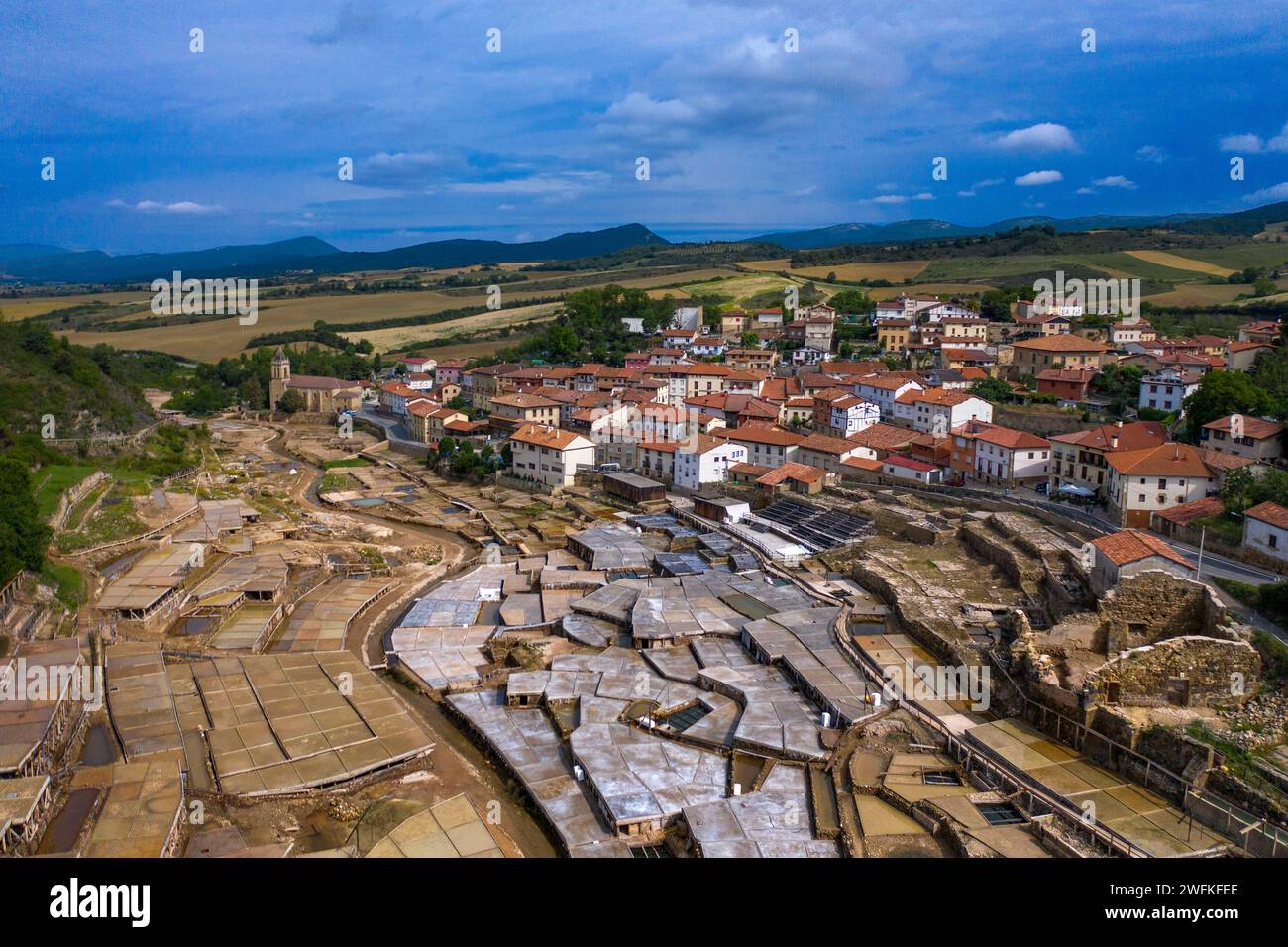 Aerial view of salinas de añana salt flat, Añana, Alava, Araba Basque ...