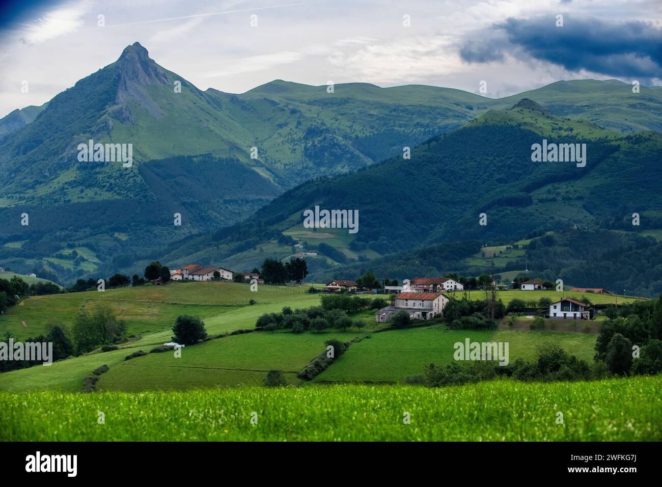 Mount Txindoki, green meadows, flocks of sheep and typical hamlets ...