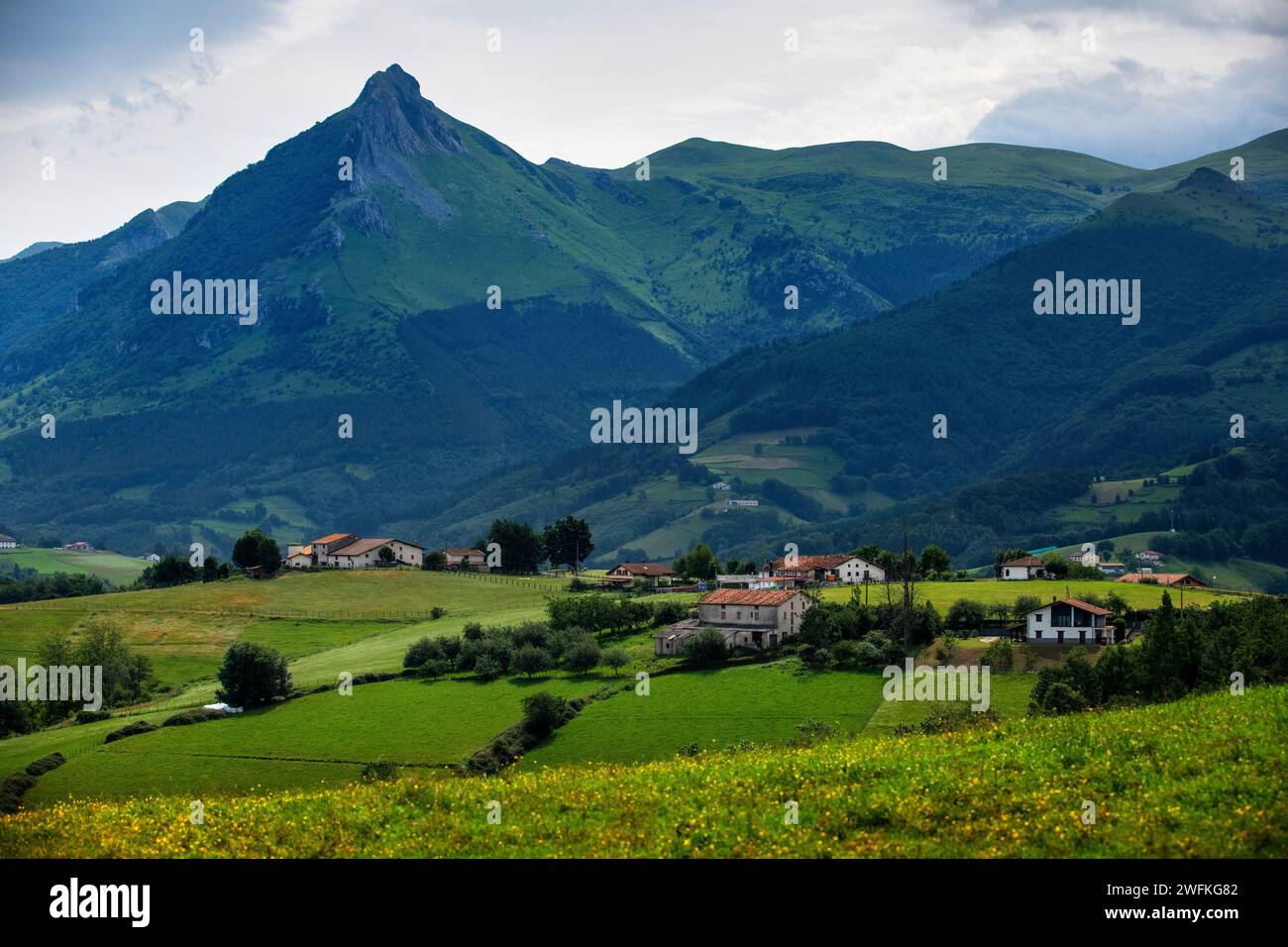 Mount Txindoki, green meadows, flocks of sheep and typical hamlets ...