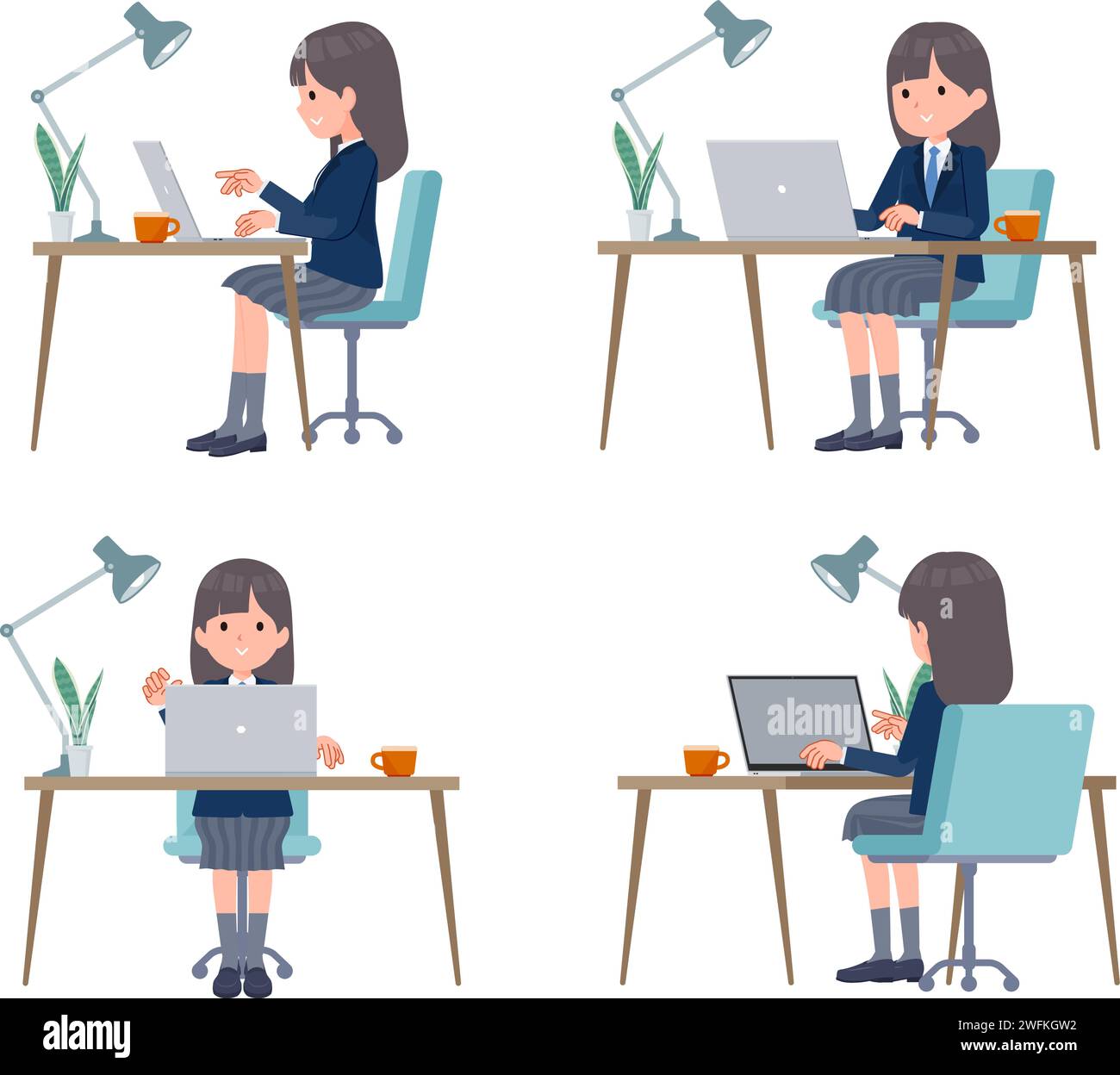 A set of navy blazer student women working at a desk at a computer.It's ...
