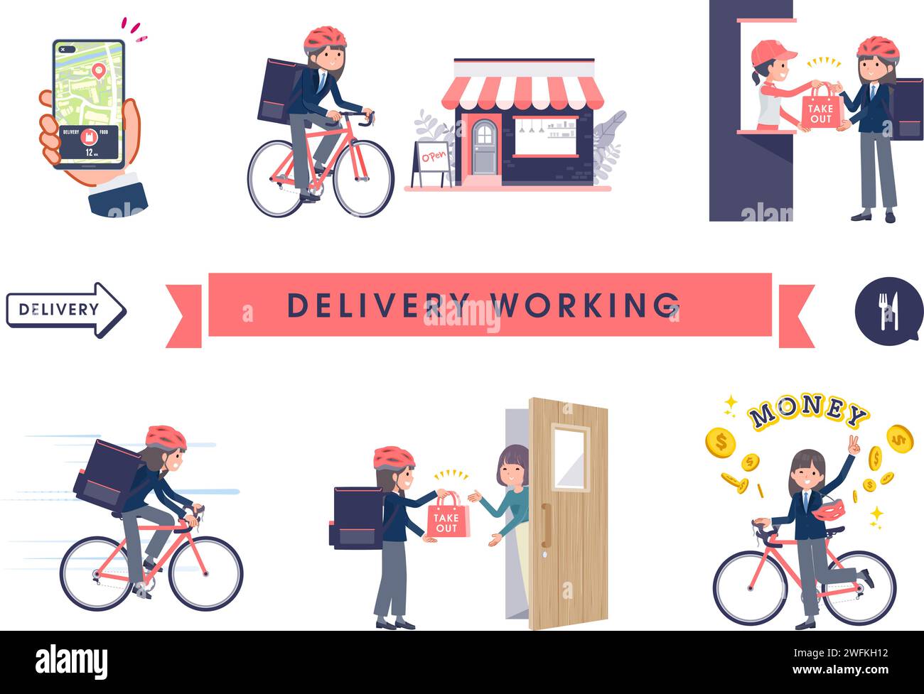 A set of navy blazer student women doing delivery work.It's vector art ...