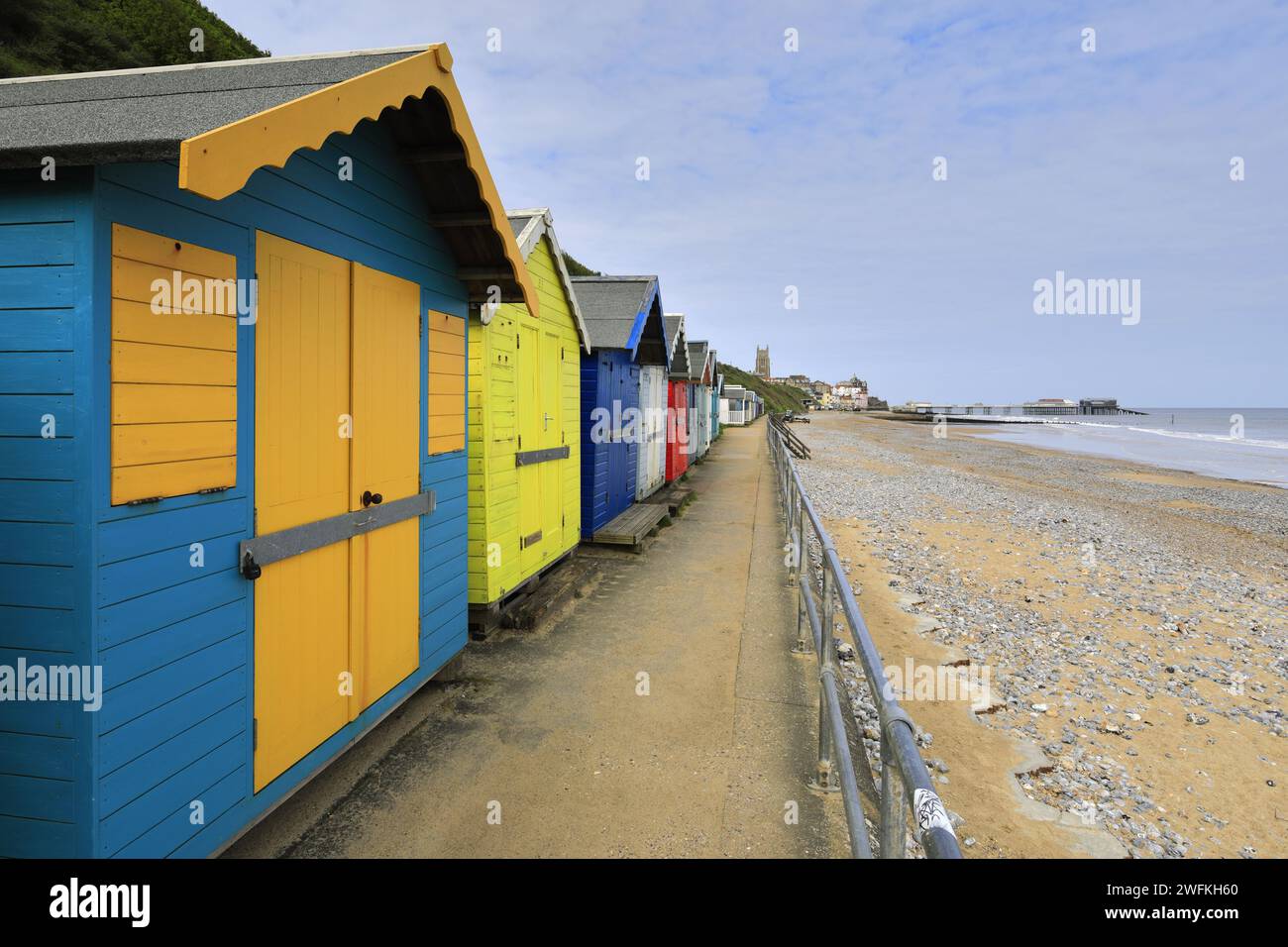 Beach huts and the beach at Cromer town, North Norfolk Coast, England ...