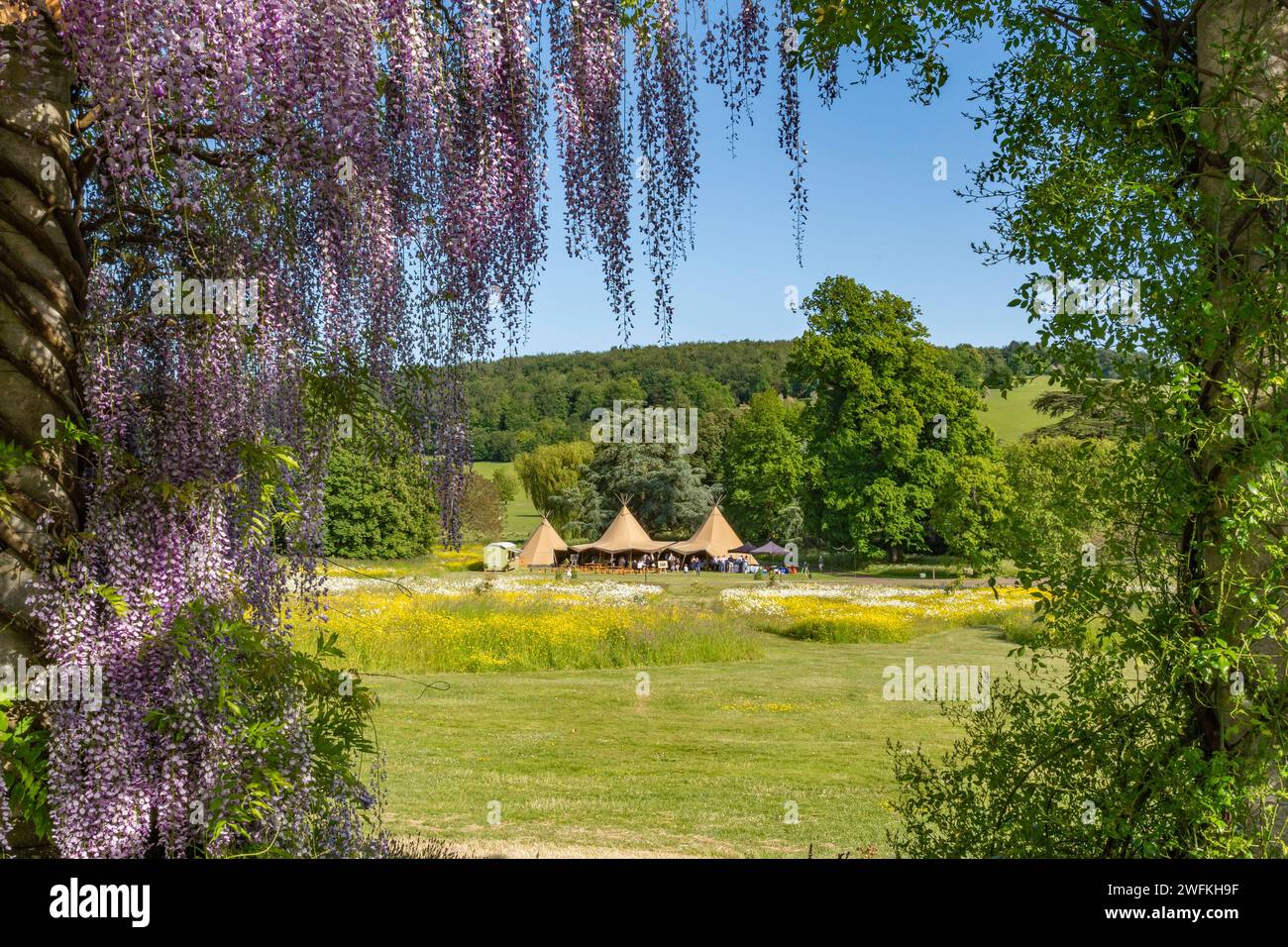 A wedding reception in full swing in the beautiful gardens of West Dean ...