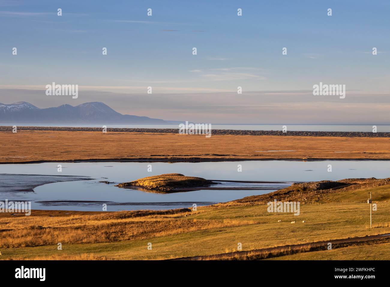 Lowland covered by autumn grass, moss and lichen. Ponds created by the ...