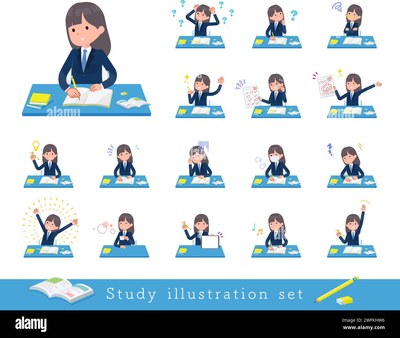 A set of navy blazer student women on study.It's vector art so easy to ...