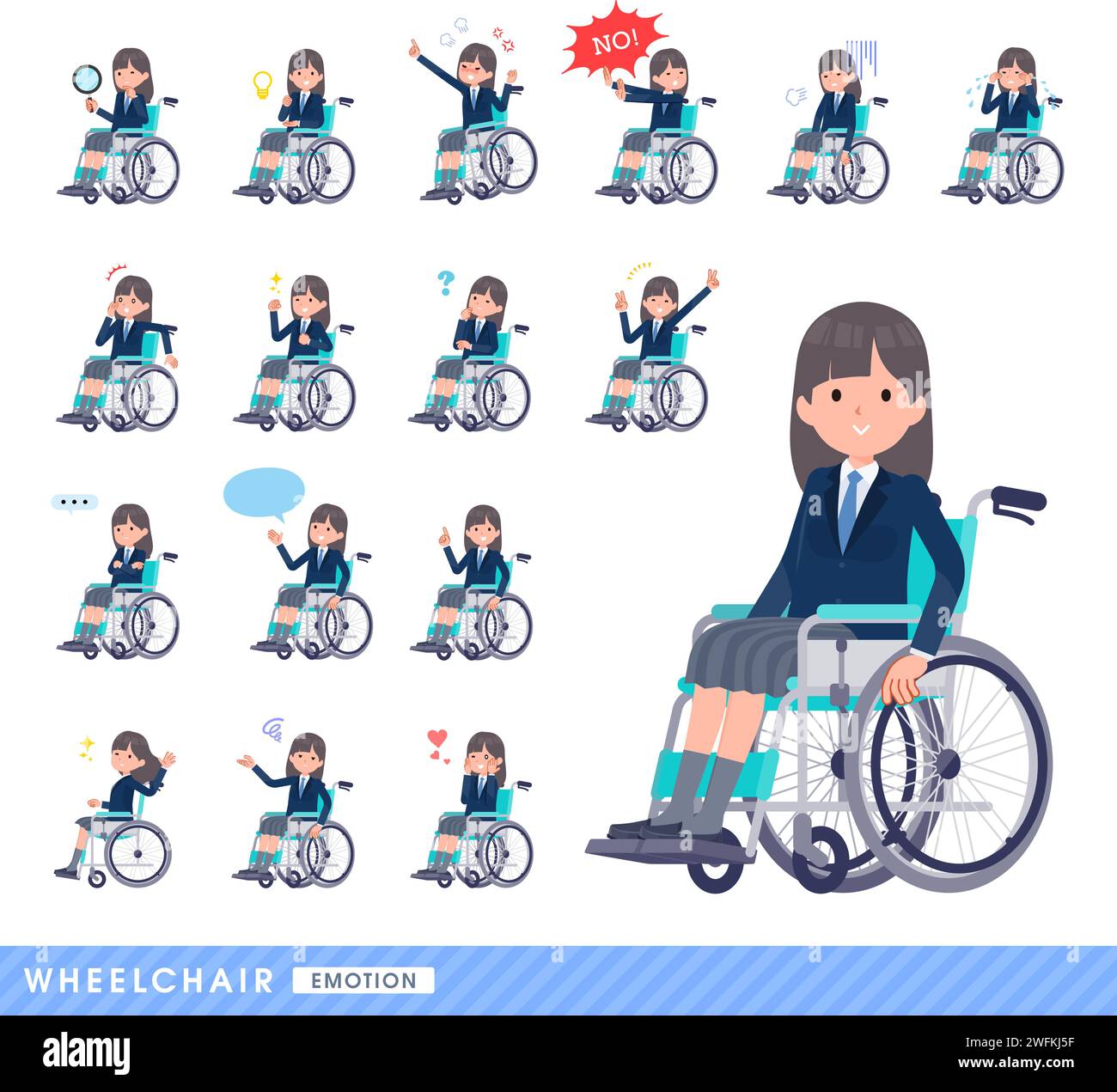 A set of navy blazer student women in a wheelchair.It depicts emotions ...